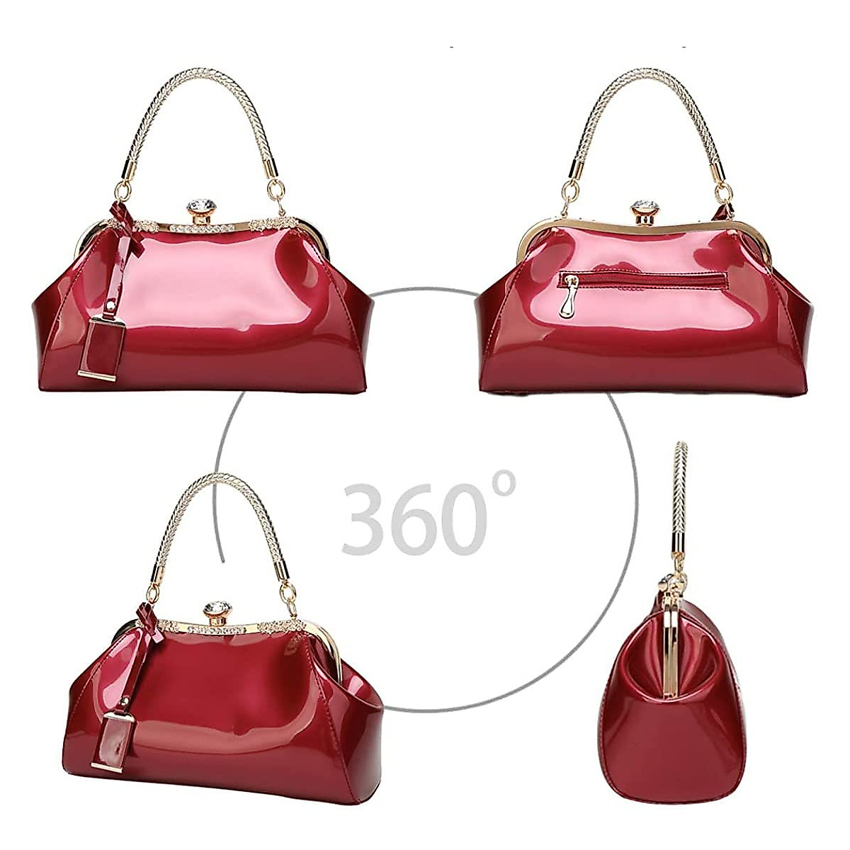 RTGGSEL Diamond Crystal Glossy Patent Leather Top Handle Tote Handbag for Women Bag Evening Wedding Shoulder Bag Satchel Purse (Black)