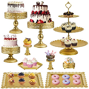 Jucoan 10 Pieces Gold Metal Cake Stand Set, Cupcake Holder Pastry Candy Fruits Serving Plate, Gold Dessert Table Stands and Trays Set for Wedding Birthday Baby Shower Bridal Party