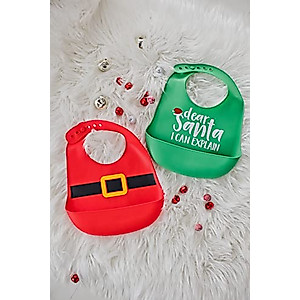 Little Holly Dear Santa Silicone Bib Set, Christmas Silicone Bibs with Food Catcher, Soft Adjustable Fit Toddler Bibs, Dishwasher Safe Baby Bibs, Feeding Accessory for New & Expecting Parents