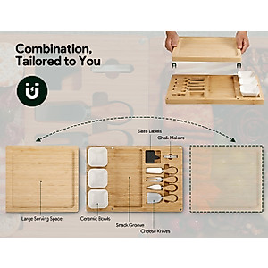 Easoger Bamboo Charcuterie Boards and Knife Set, 3 in 1 Magnetic Extra Large Cheese Board with 3 Bowls, Wedding Gifts, House Warming Gifts for Couples