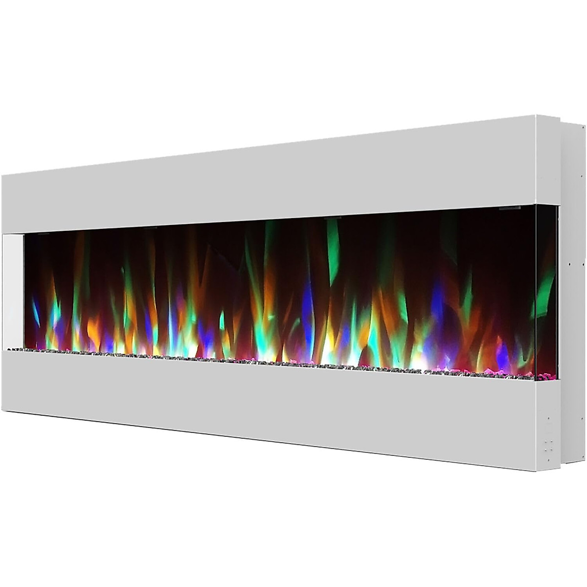 Cambridge 60" Recessed Wall Mounted Electric Fireplace with Realistic Multi-Color Flame & Crystal Rock Display, White Panel Wall Fireplace with Remote Control & Adjustable Heat, Modern Home Heating