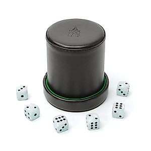 Luck Lab Black Leather Dice Cup with Lid Including 6 Matching Pearl Dice - Green Velvet Interior for Quiet Shaking - Use for Liars Dice Farkle Yahtzee Board Games