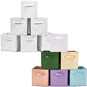 EZOWare Set of 12 Foldable Basket Bin Collapsible Storage Cube For Nursery, Kids Toys Organizer, Shelf Cabinet - (White + Assorted Color)
