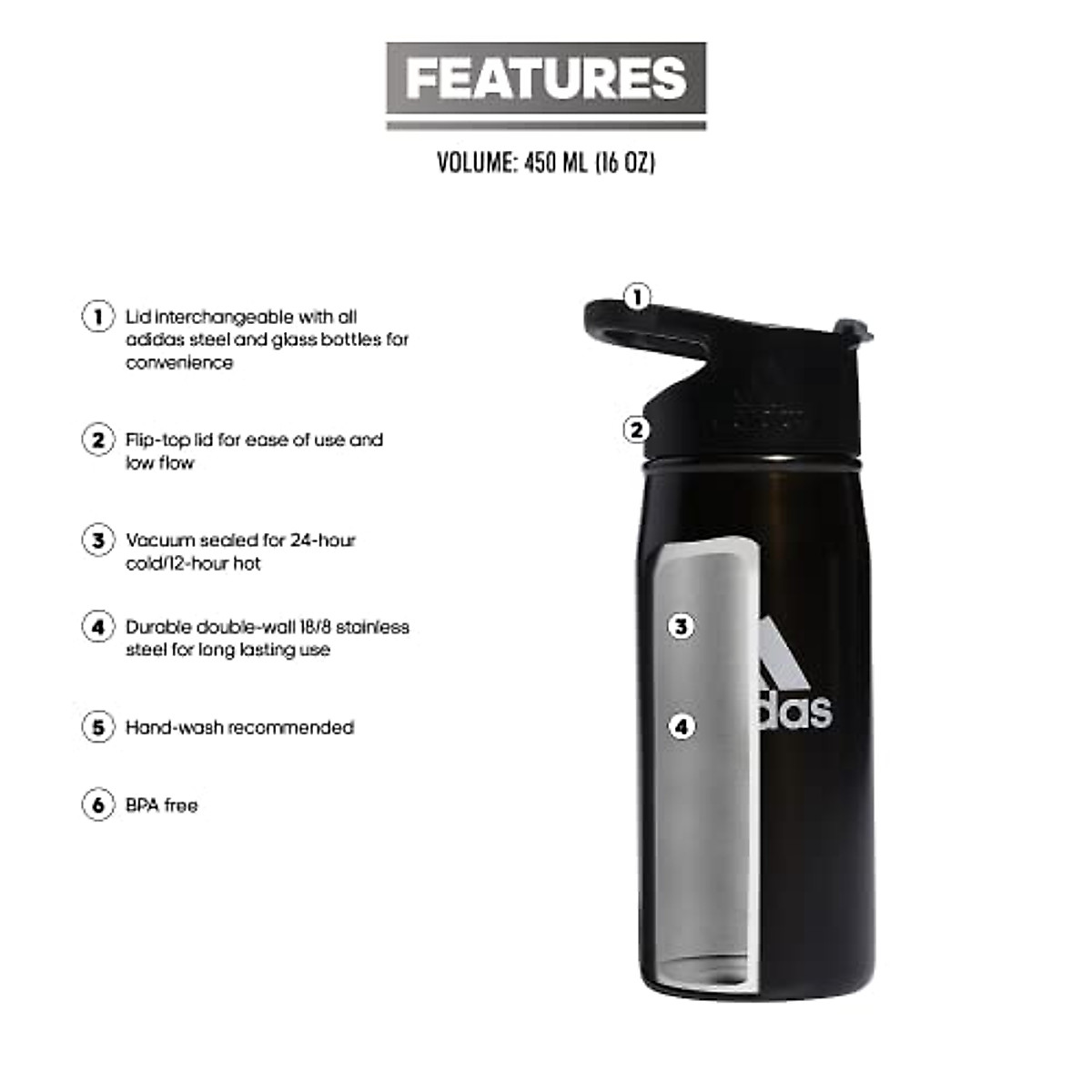 adidas 450 ML (16 oz) Metal Water Bottle Tumbler with Flip Top Lid for Coffee & Tea, Black/Onix Grey, One Size