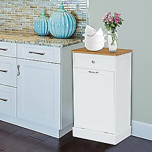 Kinfant Kitchen Recycling Trash Cabinet - Tilt-Out Trash Bin Can, Free Standing Holder with Drawer and Removable Bamboo Cutting Board, White