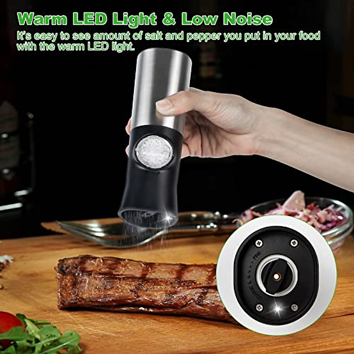 Qoosea Gravity Salt and Pepper Grinder Set, 2 Pack Electric Pepper Grinder Set with LED Light, Stainless Steel Automatic Pepper Grinder Mill Battery Powered, Adjustable Coarseness, One Hand Operated