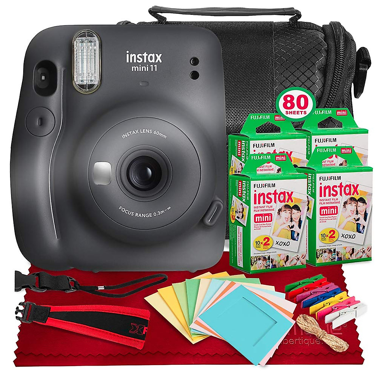 FUJIFILM INSTAX Mini 11 Instant Film Camera (Charcoal Grey) + ACCESSORY BUNDLE THAT INCLUDES 4X Fujifilm Instax Mini Twin Film (80 Exposures), Camera Carrying Case, Camera Strap & Funky Film Frames