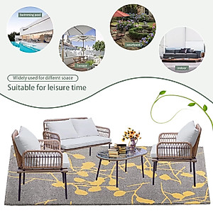 Homsido 4 Pieces Patio Furniture Set, Loveseat Beige Rope Woven Boho Porch Backyard Garden Balcony Outdoor Furniture Rattan Indoor Chairs and Table Wicker Conversation Set with White Cushions