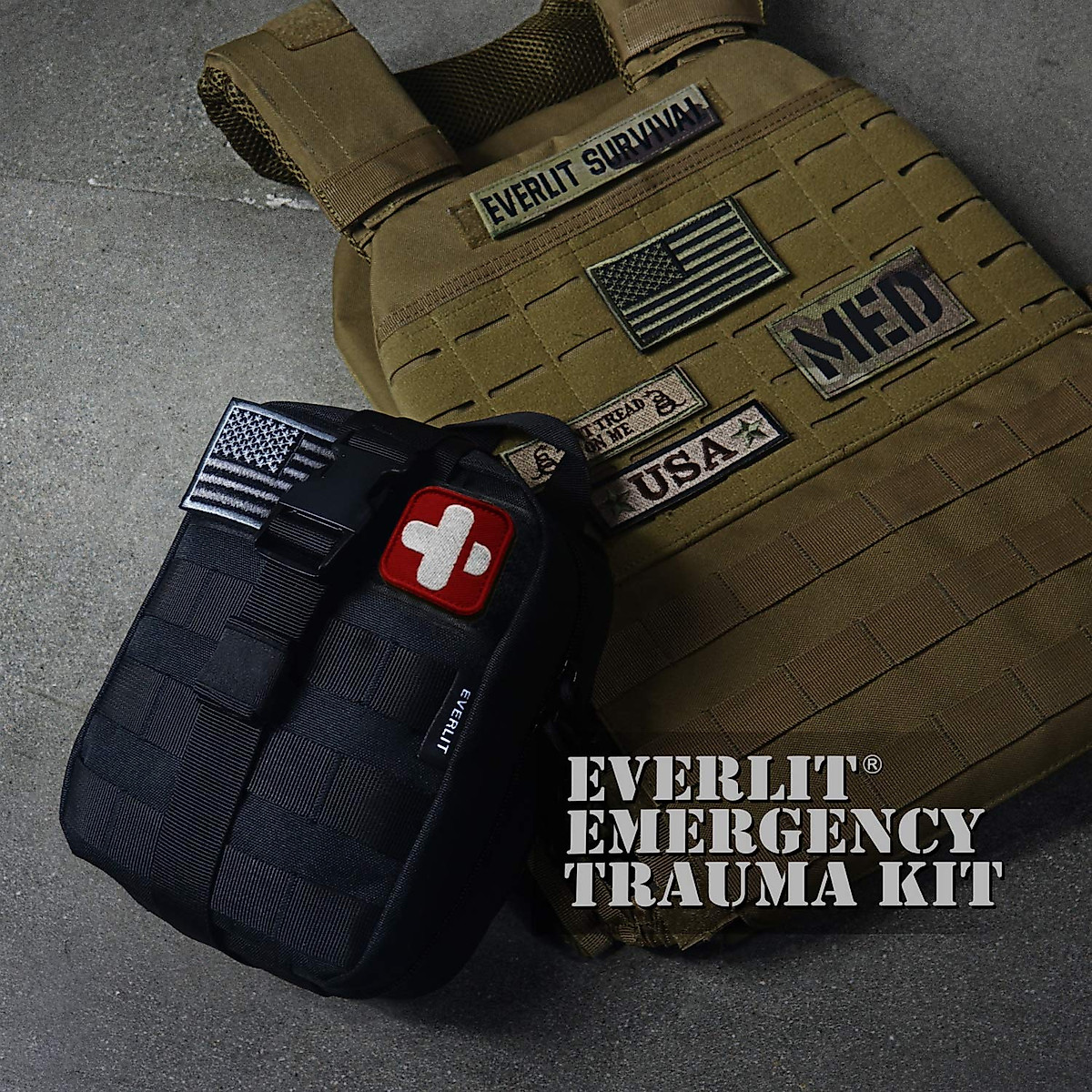 EVERLIT Emergency Trauma Kit, CAT GEN-7 Tourniquet 36" Splint, Military Combat Tactical IFAK for First Aid Response, Critical Wounds, Severe Bleeding Control (Black)