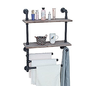 Industrial Towel Rack with 3 Towel Bar,24in Rustic Bathroom Shelves Wall Mounted,2 Tiered Farmhouse Pipe Shelving Wood Shelf,Metal Floating Shelves Towel Holder,Iron Distressed Shelf Over Toilet
