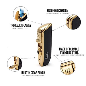 Mrs. Brog Cigar Lighter Triple Flame Torch with Built in Cigar Punch (Butane Gas Not Included) - Pocket Size 3 Adjustable Wind Proof Jet Flames - Ergonomic Grip