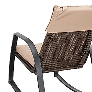 LOKATSE HOME 3 Pieces Outdoor Bistro Set Patio Wicker Furniture Rattan Rocking Chairs with Cushion & Coffee Table, Khaki