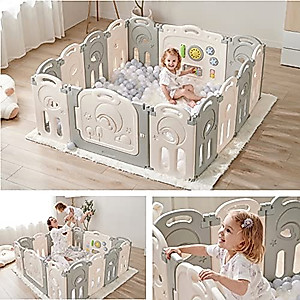 Fortella Cloud Castle Foldable Playpen, Baby Safety Play Yard with Whiteboard and Activity Wall, Indoors or Outdoors (Gray, 14 Panel)