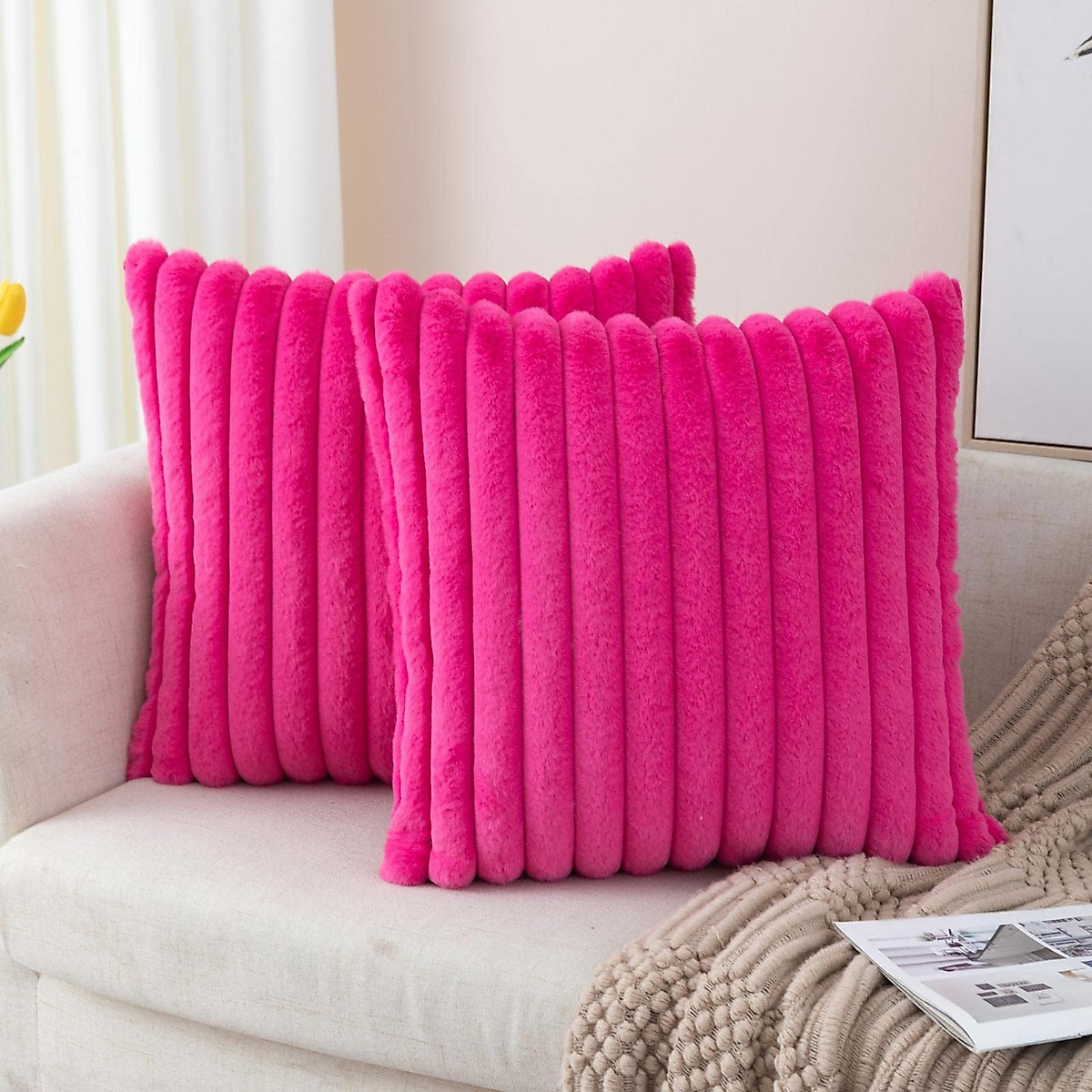 ZLINA Set of 2 Hot Pink Faux Fur Decorative Throw Pillow Covers Fluffy Striped Pillowcase Cushion Covers 18 x 18 Inch Decor Sofa Couch Bedroom