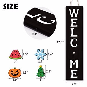 Interchangeable Holiday Mini Welcome Door Sign Wooden Indoor Outdoor Hanger with 15 Pcs Seasonal Replaceable Ornaments Rustic Farmhouse Porch Sign Home Decoration Ideas Black