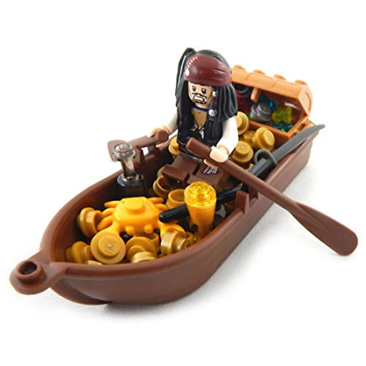 Booster Bricks Lego Jack Sparrow w/ Boat Minifigure Bundle Loaded Treasure Chest, Gold, Jewels + potc minifig