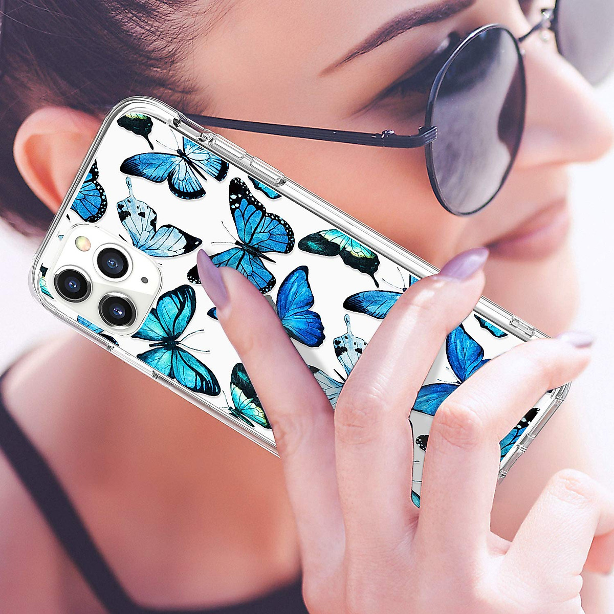 LUHOURI Designed for iPhone 11 Pro Max Case with Screen Protector - Slim Fit, Sturdy Clear Acrylic Cover for Women and Girls - Protective Phone Case 6.5" - Floral Blue Butterflies