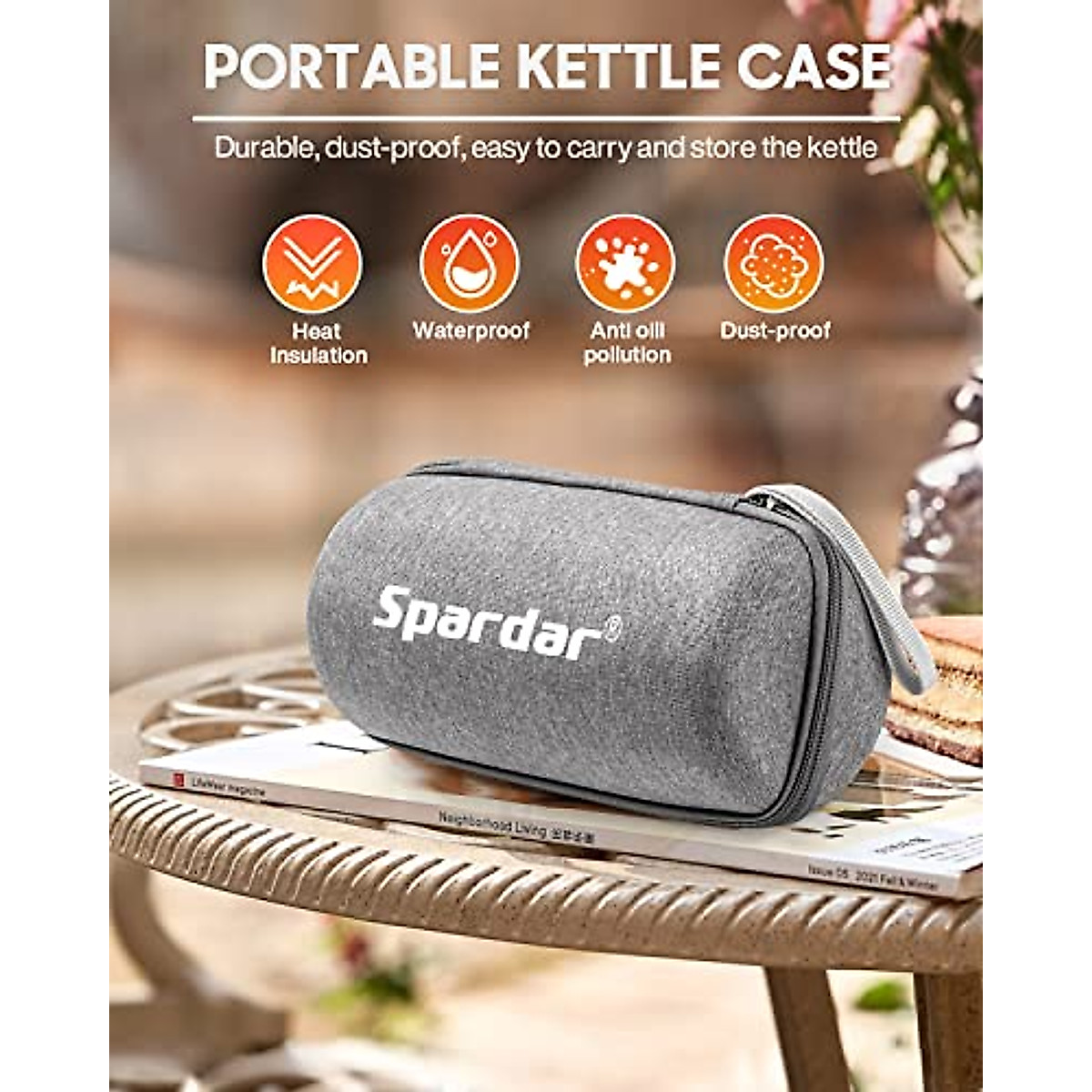Portable Travel Kettle with Case, Spardar Portable Kettle for Travel 4 Temperature Control and Auto Shut-Off Travel Kettle Electric Small for Tea, Coffee, BPA Free, Boil Dry Protection, 380ml, White