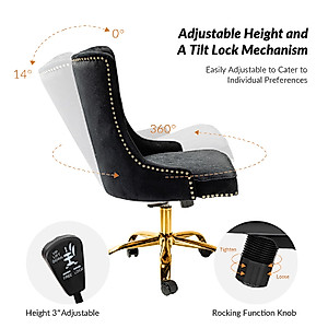 TINA'S HOME Velvet Armless Office Chair with Gold Base & Nailhead Trim, Modern Tufted Upholstered Desk Armchair Swivel Adjustable, Cute Wingback Computer Task Vanity Chair for Women, Black