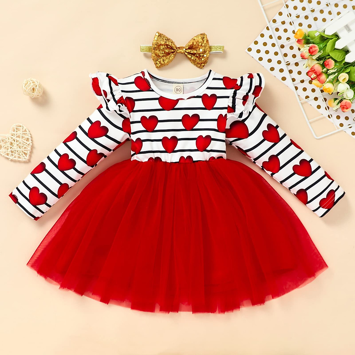 Baby Girls Valentine's Day Outfits Long Sleeve Stripe Heart Print Tutu Skirts Ruffle Dress Toddler Girl Clothes(Red,5-6T)