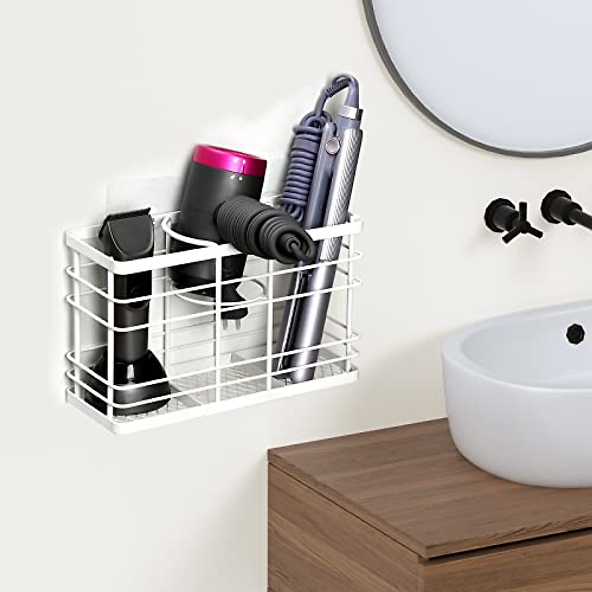 Wetheny Hair Tool Organizer - Hair Dryer Holder 5 Adjustable Height,Bathroom Organizer Cabinet Door/Wall Mounted for Hair Dryer,Curling Iron,Hair Straightener,Brush（White）