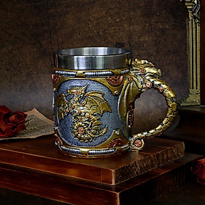 alikiki Medieval Steampunk Dragon Mug - 15.8oz Renaissance Mechanical Dragons Beer Stein Tankard Stainless Coffee Cup Father Day Gift Mug for Dragon Collector Lovers Themed Party Decoration