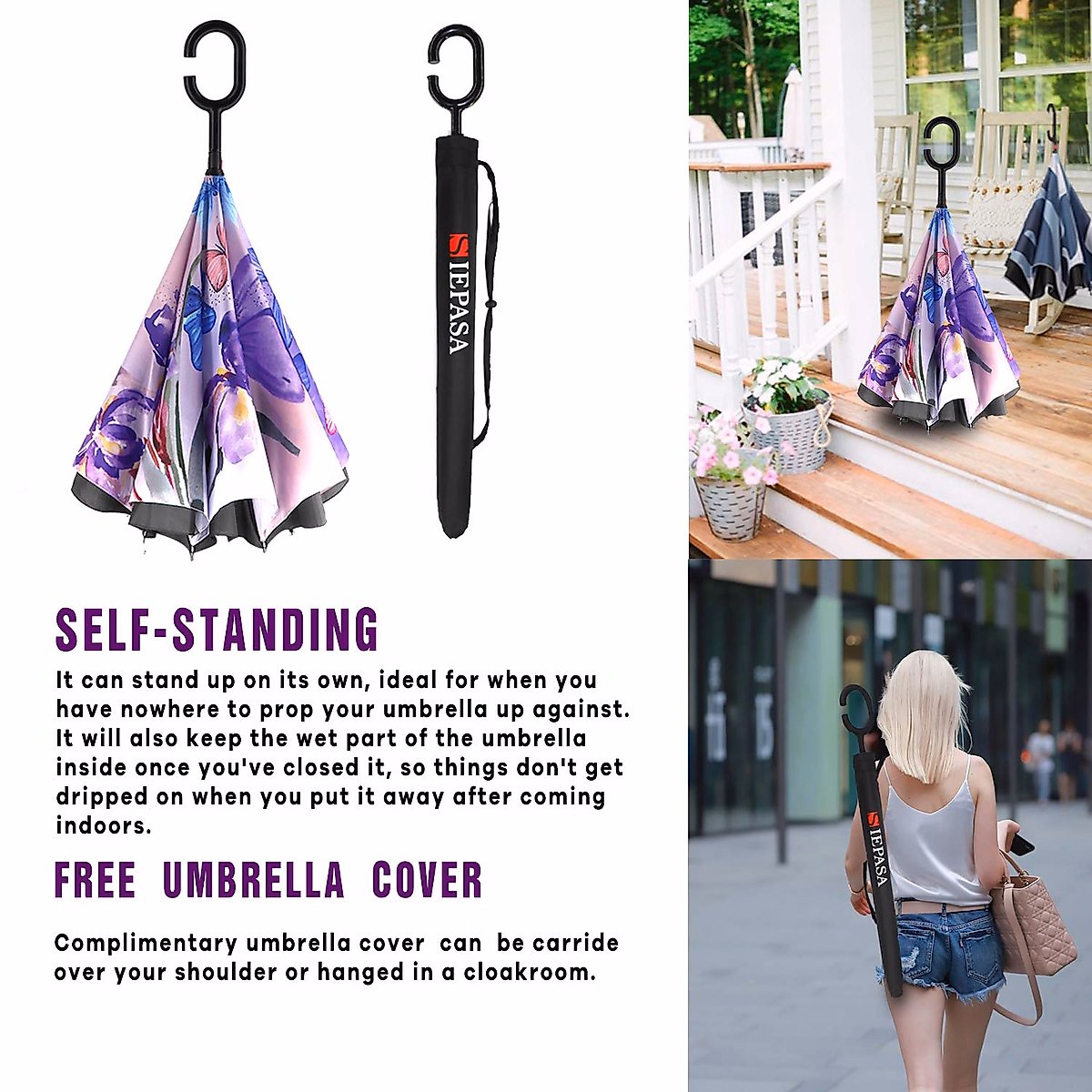 SIEPASA 49/56 Inch Inverted Reverse Upside Down Umbrella, Extra Large Double Canopy Vented Windproof Waterproof Stick Golf Umbrellas with C-shape Handle..(Blue Butterfly, 49 Inch)