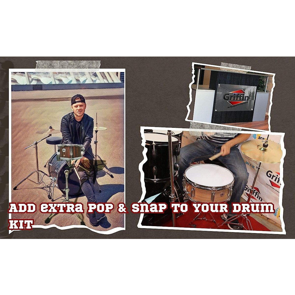 GRIFFIN Firecracker Snare Drum | Acoustic Popcorn 10" x 6" Poplar Mini Wood Shell & Black Hickory PVC | Concert Marching Percussion Musical Instrument with Deluxe Snare Throw Off, Drummers Key & Head