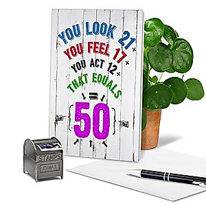 NobleWorks - 50th Funny Milestone Birthday for Men and Women, Celebrate and Congrats Notecard with Envelope - Age Equation 50 Birthday C7195MBG