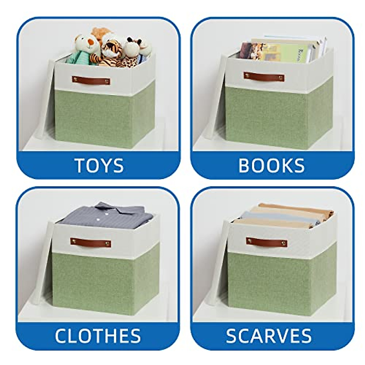 Temary Fabric Storage Cubes Bins with Lids Storage Baskets 13x13 Foldable Storage Bins Cubes Boxes, Canvas Storage Bin for Shelves, Bedroom, Nursery, Closet (White&Green, 13x13x13inch)