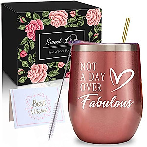 WONDAY Birthday Gifts for Women, Gifts for Women, Grandma, Mom, Wife, Daughter, Sister, Friends, 12 OZ Stainless Steel Wine Tumbler with Lid and straw. (RoseGold)