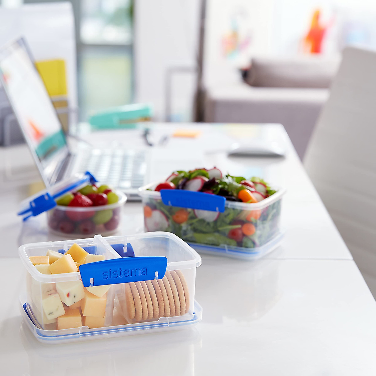 Sistema KLIP IT Rectangular Collection Food Storage Container, 33.8 oz./1.0 L, Clear/Blue, 3 Count