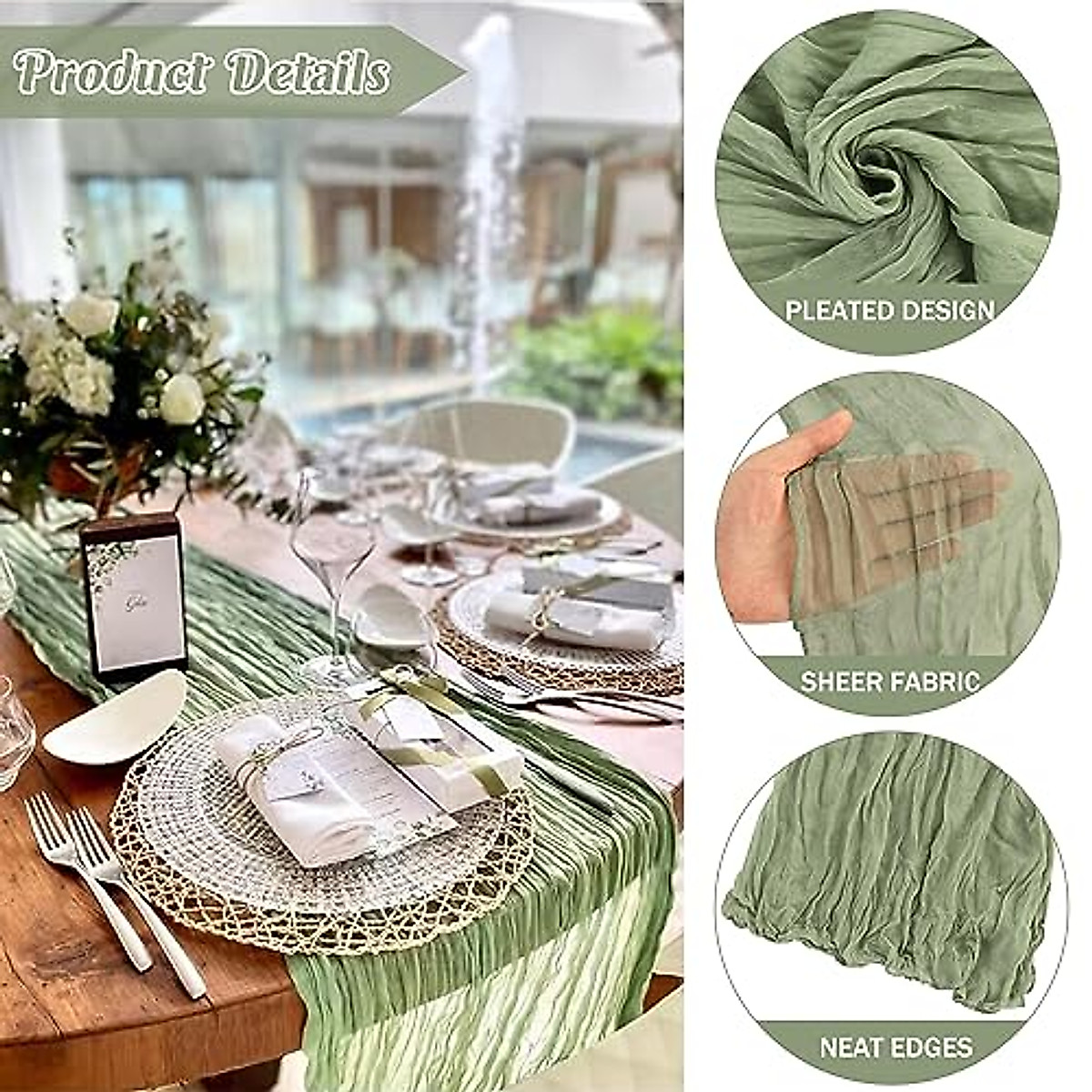 6 Pieces Sage Green 10FT Cheesecloth Table Runner Boho Gauze Fabric Table Runner Rustic Sheer Runner for Wedding Birthday Baby Shower Party Boho Table Decoration（Sage Green）