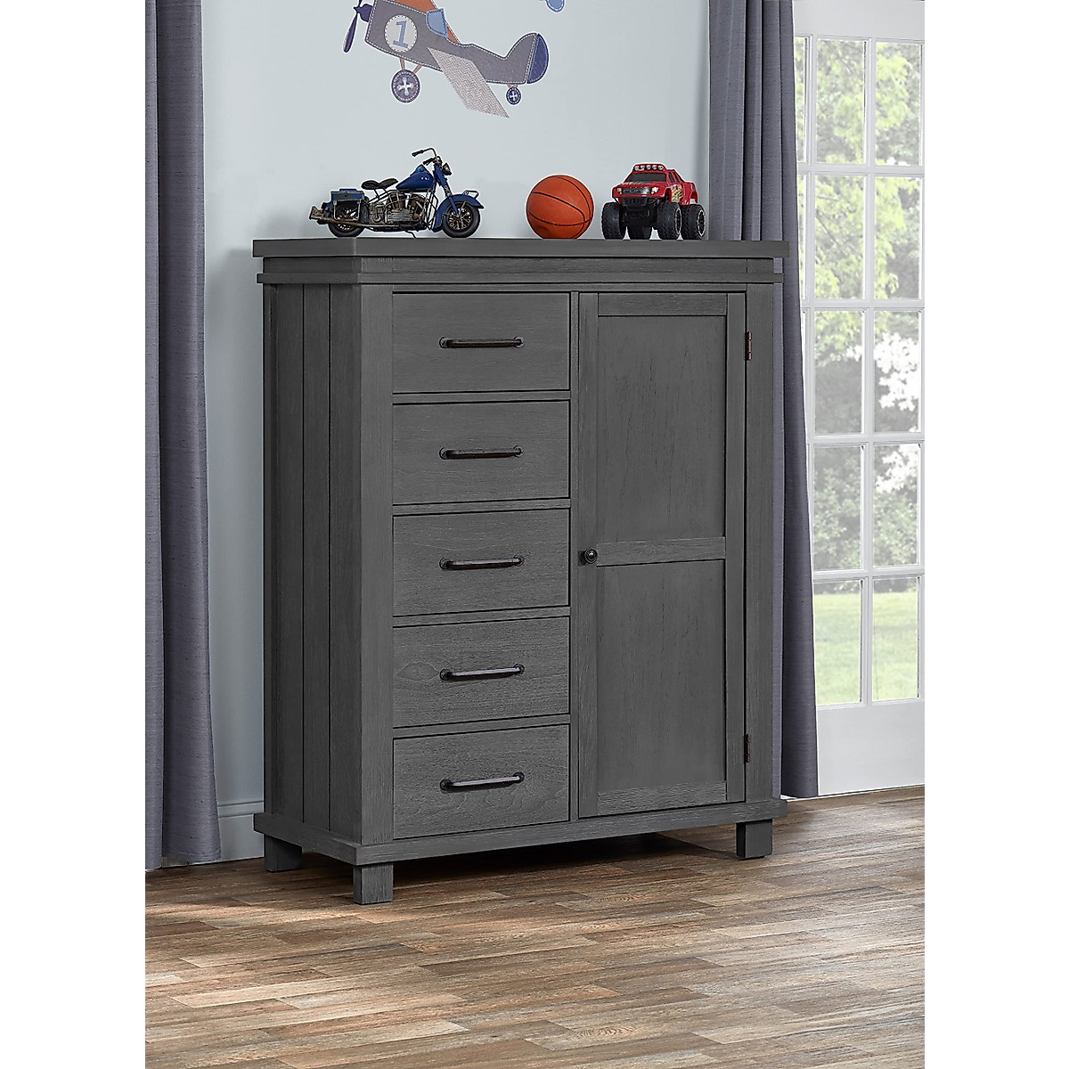 Soho Baby 43045210 Hampton Premium Soft Closing 5-Drawer Chifferobe with Adjustable Shelves and Hanging Rod, Wire Brush Canyon Gray Finish