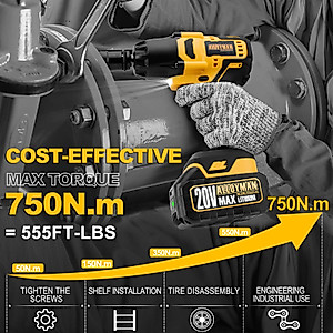 Alloyman 1/2 inch Impact Wrench Cordless, Max Torque 555 Ft-lbs Battery Impact Wrench 20V Brushless Motor 2000 RPM, with 6 Sockets, 3 Extension Bars, 4.0 AH Li-ion Battery and 1 Hour Fast Charge