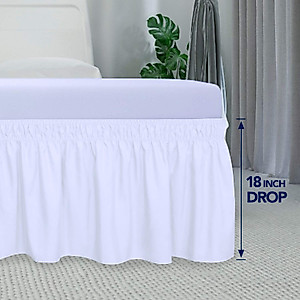PureFit Wrap Around Ruffled Bed Skirt with Adjustable Elastic Belt - 18 Inch Drop Easy to Put On, Wrinkle Free Bedskirt Dust Ruffles, Frame Cover for Queen, King and C-King Size Beds, White