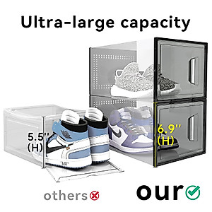 ZZCZZ X-Large Shoe Storage Boxes 12 Pack, Shoe Organizer for Closet, Clear Plastic Substitute Shoe Rack Foldable Durable, Fit for Women/Men High-top shoes, black