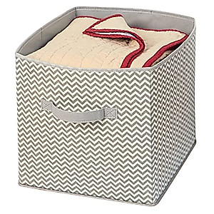 mDesign Large Soft Fabric Closet, Home Storage Organizer Cube Bin Box, Front Handle - Storage for Closet, Bedroom, Furniture Shelving Units - Chevron Zig-Zag Print, 12.75" High, 4 Pack - Taupe/Natural