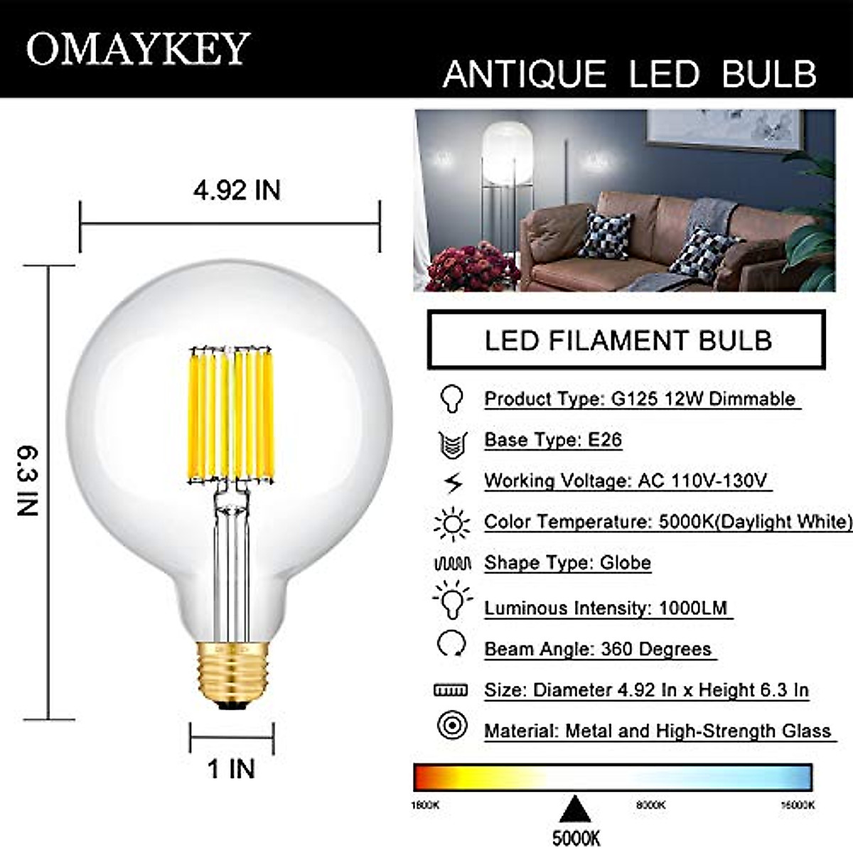OMAYKEY 12W Dimmable Large LED Globe Bulb 100W Equivalent 1000 Lumens, 5000K Daylight White E26 Medium Base, Vintage Edison G125 Large Globe Clear Glass LED Filament Light Bulb, Deep Dimming Version