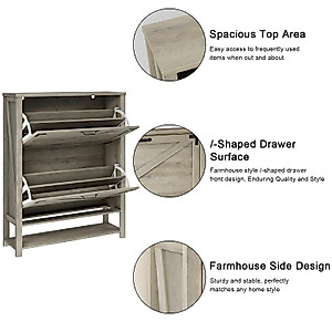 Shoe Cabinet with 2 Flip Drawers, Farmhouse Shoe Storage Cabinet for Entryway, Freestanding Shoe Organizer with Open Storage Rack, Narrow Shoe Rack Cabinet, Grey