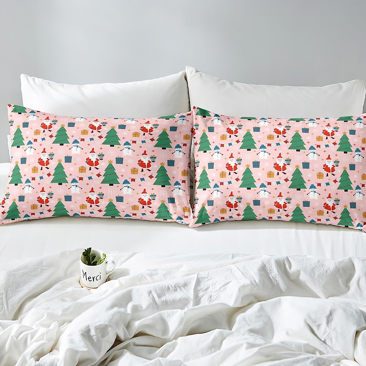 Kids Merry Christmas Tree and Snowman Fitted Sheet Twin Size Xmas Deer Elk Decor Bed Sheet Set for Boys Girls Teens Bedroom Decor Snowflake Bedding Set Women Men Bed Cover with 1 Pillow Case