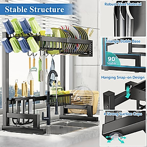 Dish Drying Rack, Over The Sink Dish Drying Rack Length Adjustable (From 33.8" to 41.5"), 2 Tier Large Dish Rack with Cup Holder Utensil Holder Caddy, Kitchen Counter Dish Drainer Organizer, Black