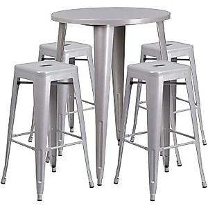 Flash Furniture Commercial Grade 30" Round Silver Metal Indoor-Outdoor Bar Table Set with 4 Square Seat Backless Stools