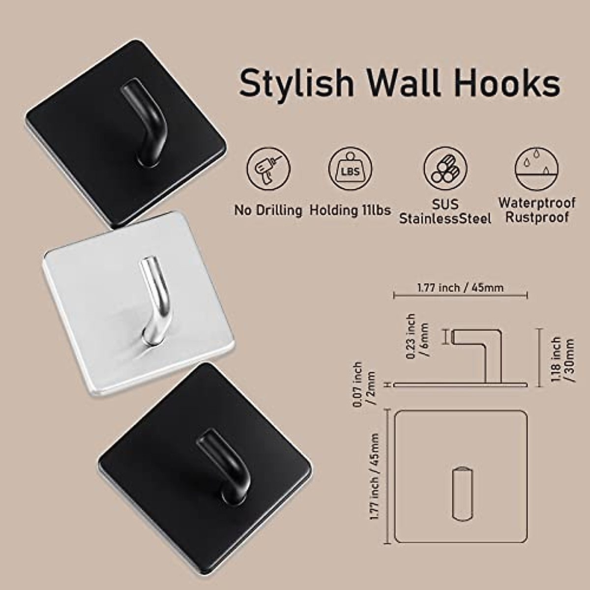 JIQGOZBAN Adhesive Hooks 4 Packs, No Drill Heavy Duty Sticky Wall Hooks Stainless Steel No Rust for Home Entryway Hanging Clothes, Bathroom Towels Hangers, Kitchen Utensils Holders (Matte Black)