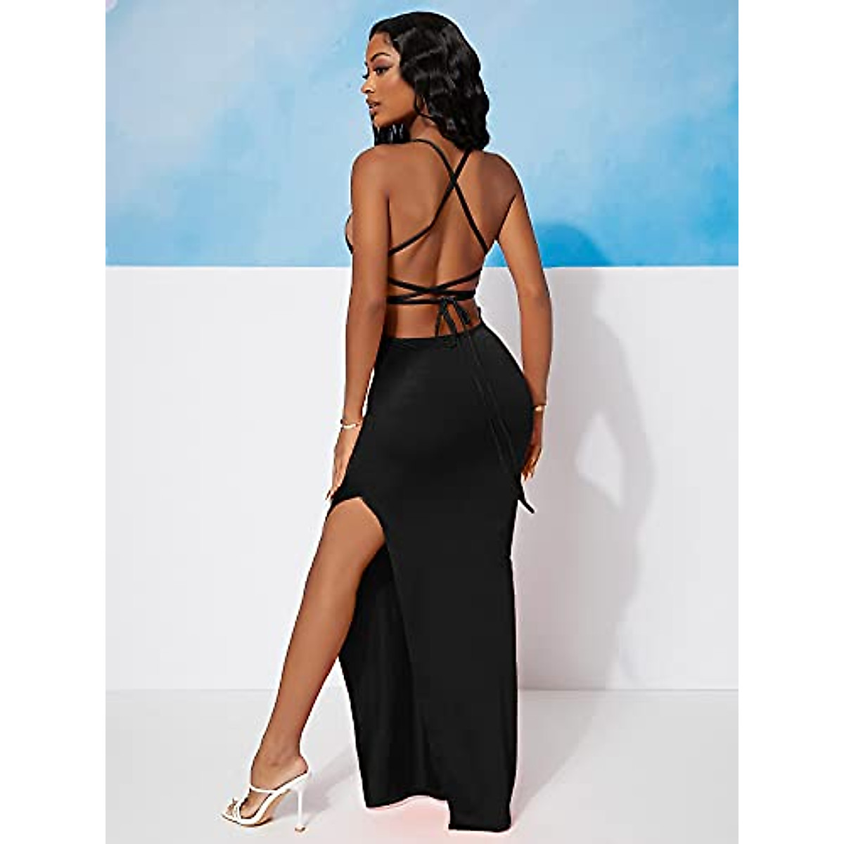 SheIn Women's Side Split Thigh Backless Bodycon Maxi Dress Sleeveless Tie Back Criss Cross Slit Pencil Long Dresses X-Small Black