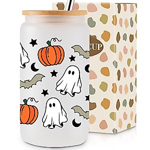 Halloween Cups Mugs Pumpkin Ghost 16Oz Iced Coffee Glass Cups with Lids and Straws Cute Halloween Gifts for Women Kids Teens Adults Spooky Gifts for Girls Boys Halloween Tumbler Fall Smoothie Cup