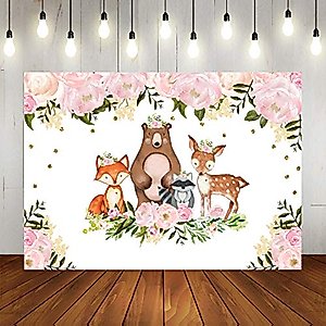 Girl Woodland Animals Baby Shower Backdrop Pink Watercolor Floral Woodland 1st Birthday Photography Background Princess Jungle Animals Newborn Baby Party Decorations Photo Booth Props