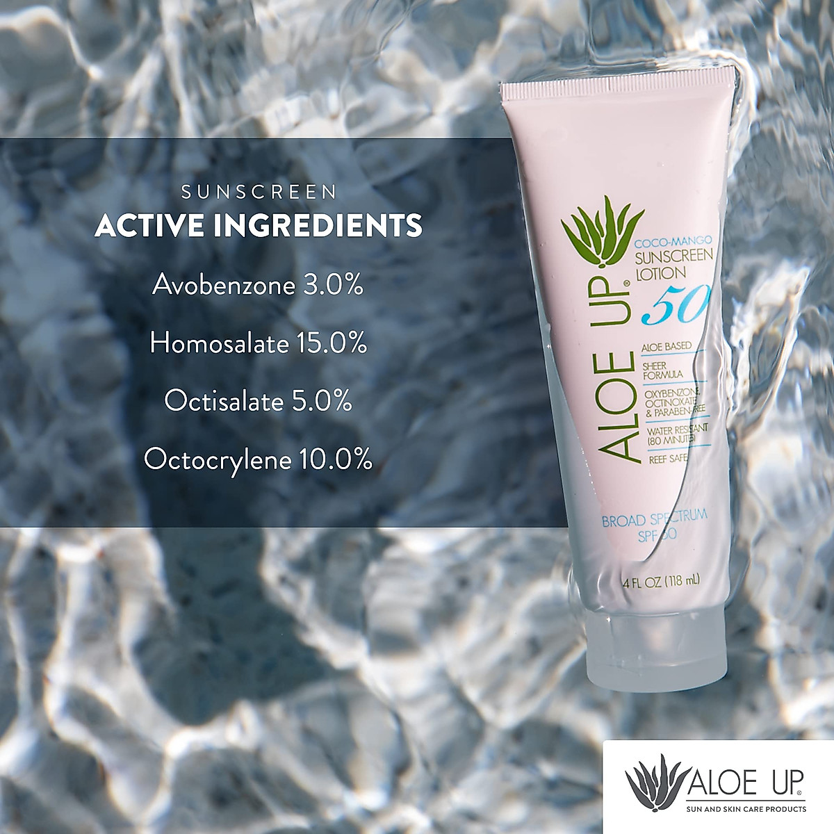 Aloe Up White Collection Sunscreen Lotion SPF 50 - Broad Spectrum UVA/UVB Sunscreen Protector for Face and Body - With Aloe Vera Gel - Alcohol-Free - Reef Friendly - Coco-Mango Fragrance - 4 Oz