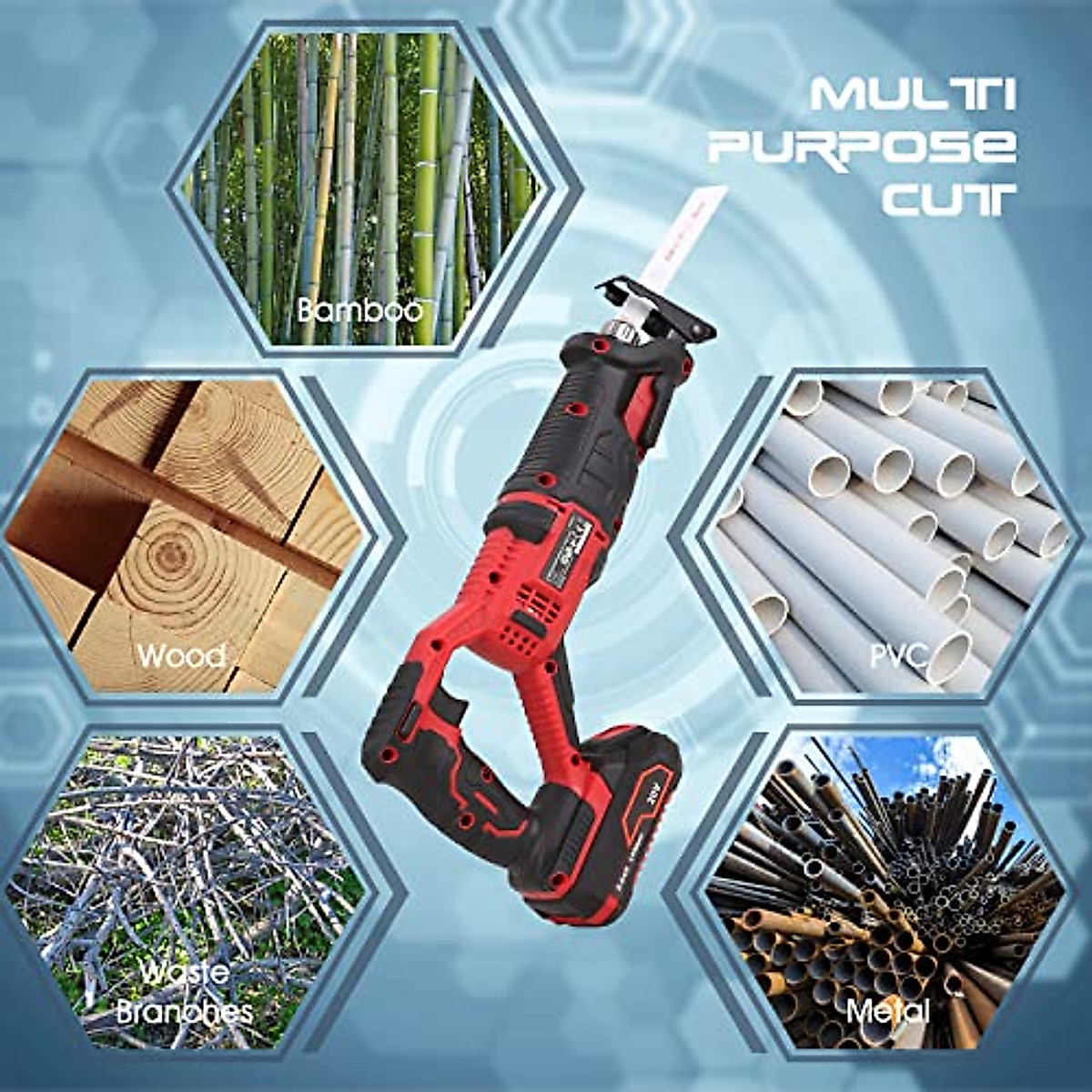 20V Cordless Reciprocating Saw, 2.0Ah Lithium Battery Pack, 0-3000RPM Variable Speed, 6 Saw Blades Wood/Metal/PVC Pile Cutting Electric Saw with Orbital Cutting Switch