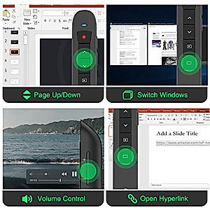 Presentation Clicker Green Laser Pointer, Rechargeable PowerPoint Clicker Wireless Presenter Remote, RF 2.4GHz USB Presentation Pointer Slide Advancer with Hyperlink Volume Control for Mac Computer